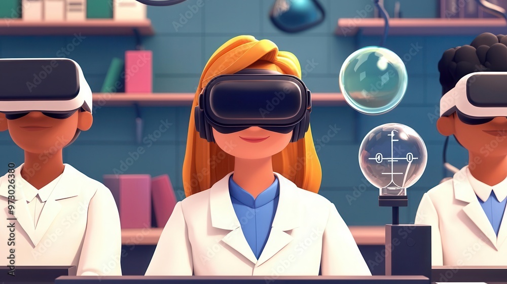 VR science lab, students conducting experiments in a cartoon ...