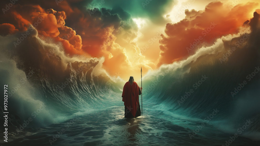 Moses parting the Red Sea, with towering walls of water Stock ...