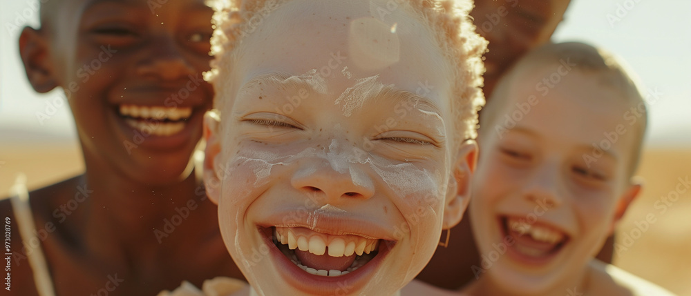 Albino Child with Ginger Hair Applying Sun Cream with Black Friends: A ...