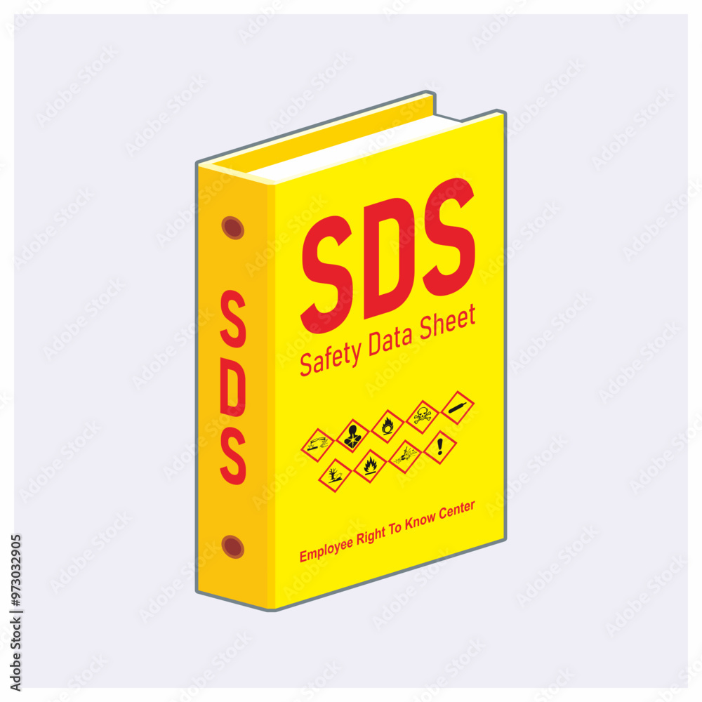 Isometric SDS document with hazard pictogram vector illustration. Safety data sheet for chemical ...