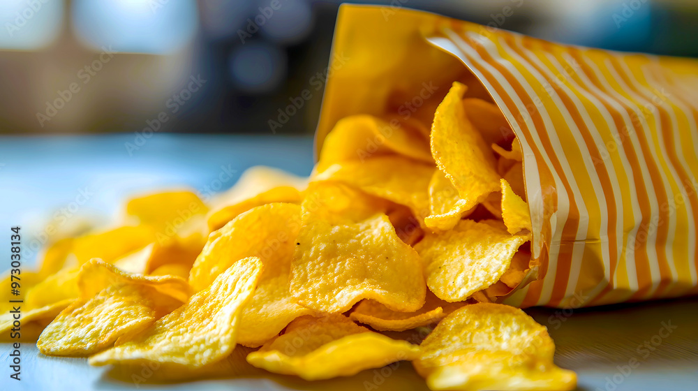 bag of potato chips lying on a table, with chips spilling out in a ...