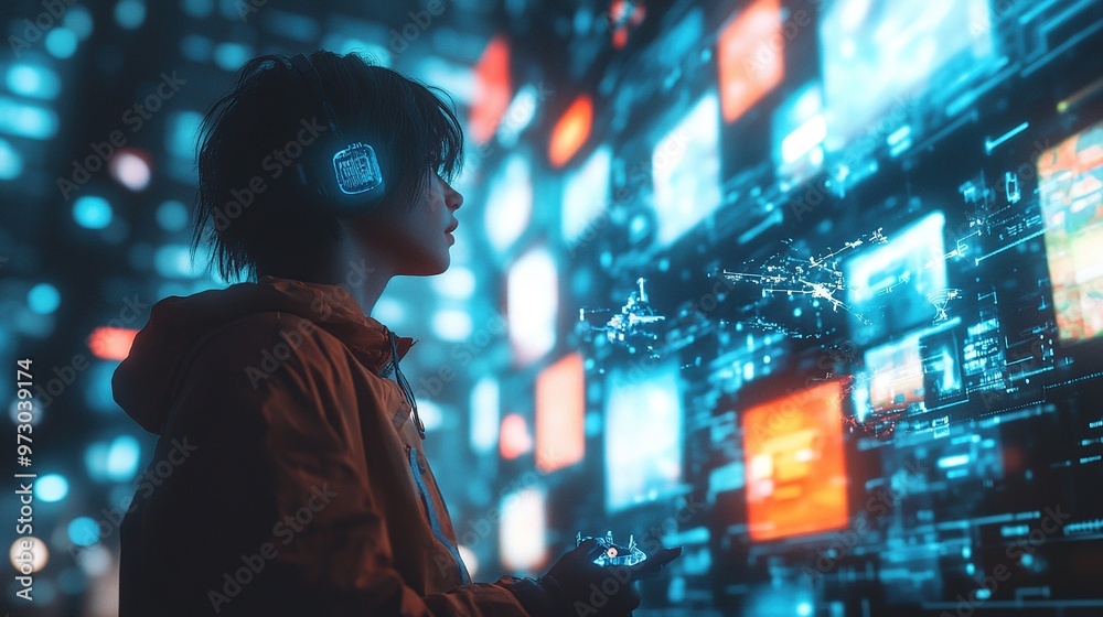 A person interacts with a high-tech holographic interface. The bright ...