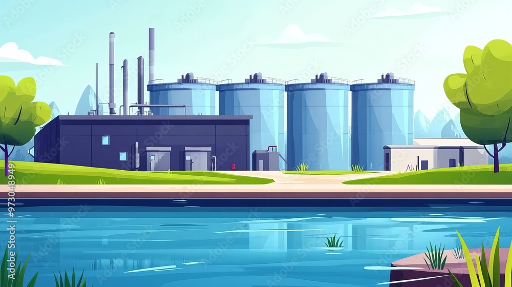 Cartoonstyle illustration of a pump station for water featuring a water ...