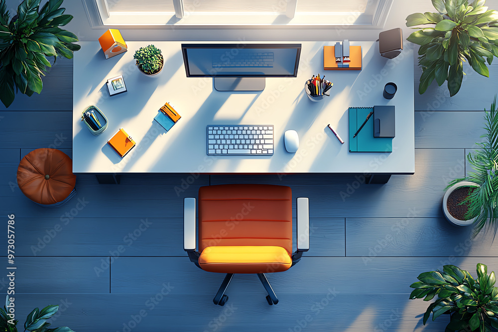 Design a sleek, modern office space from a birds-eye view, featuring a ...