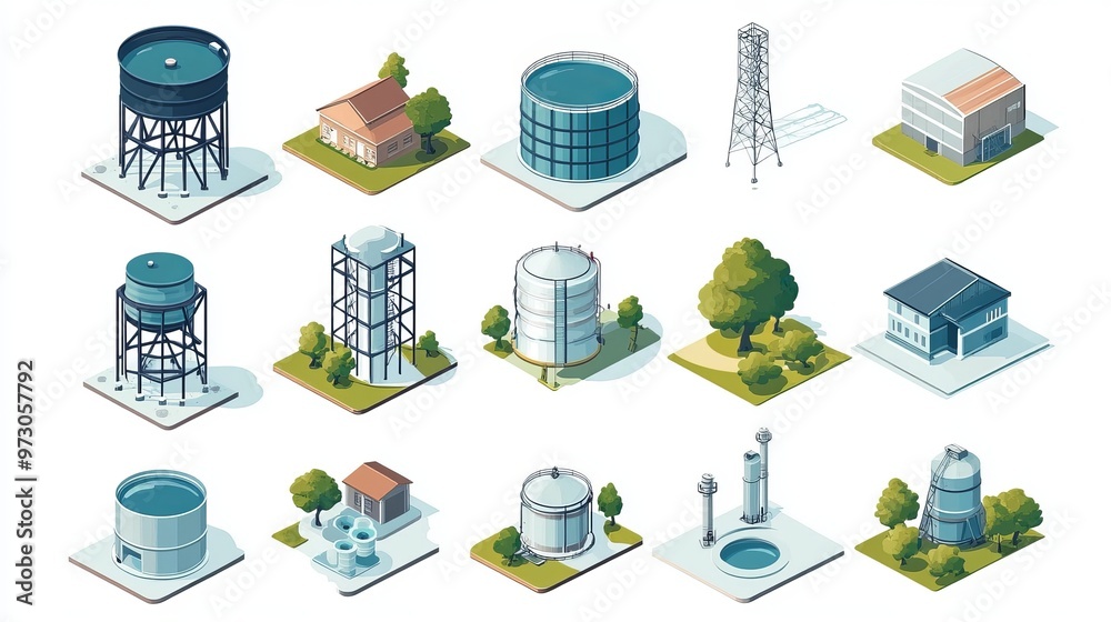 Isometric icon set of water towers and tanks representing elevated ...
