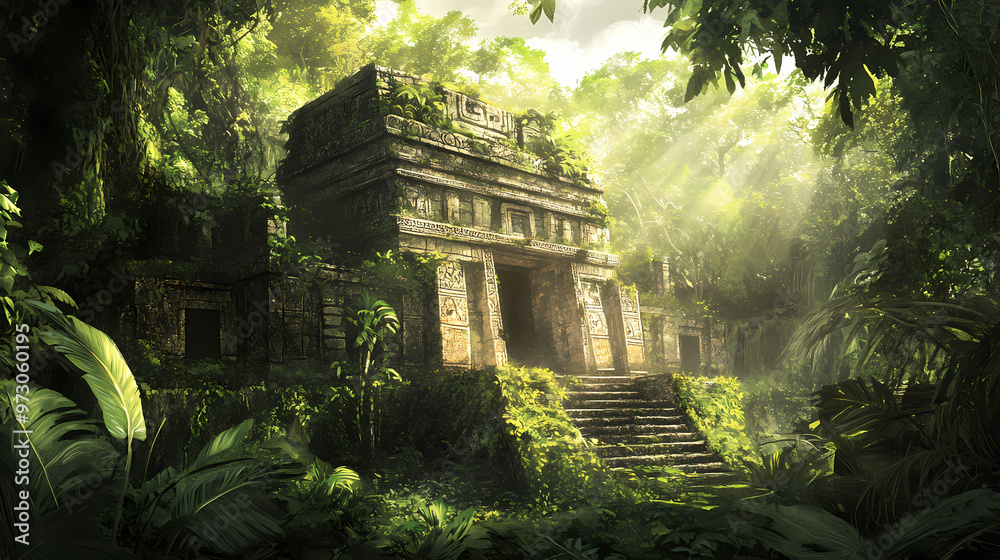 Ancient and overgrown mayan temple ruins in the jungle, lost place in ...