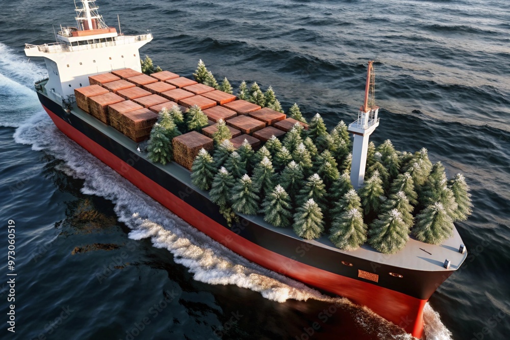 Sea ship carrying trees and wooden boxes into sea, ship in sea Stock ...