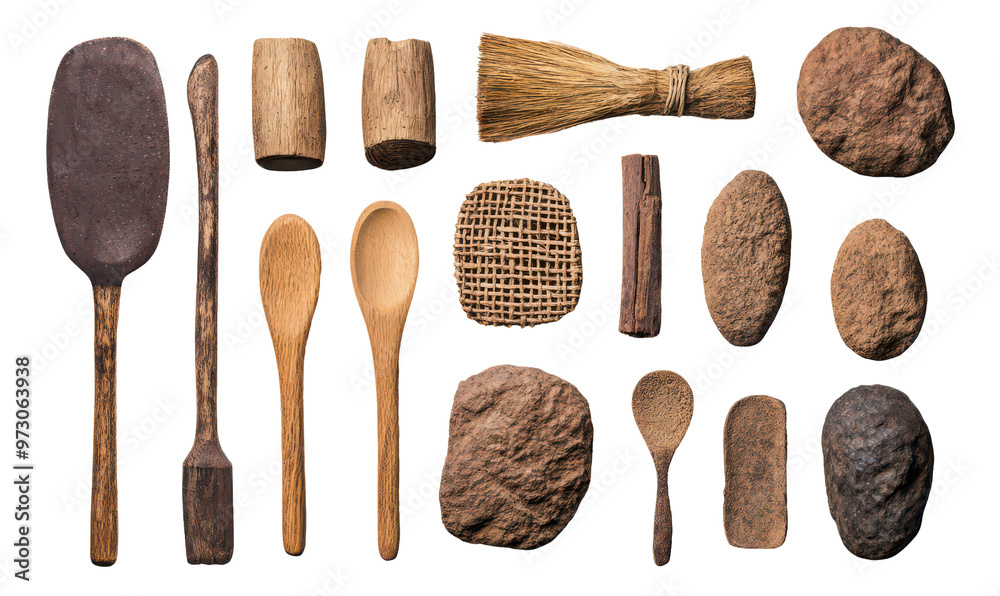 Collection of traditional kitchen utensils made from wood and stone ...