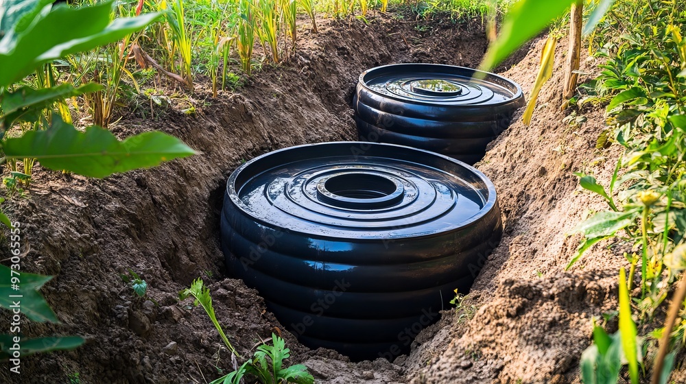 Two plastic underground storage tanks placed below ground for rainwater ...