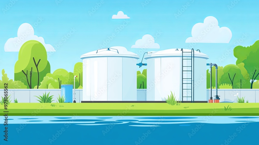 Vector illustration of a large white water tank with a leak showing ...