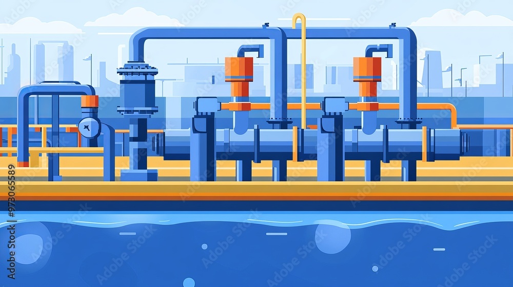 Vector illustration of a water pump station featuring an industrial ...