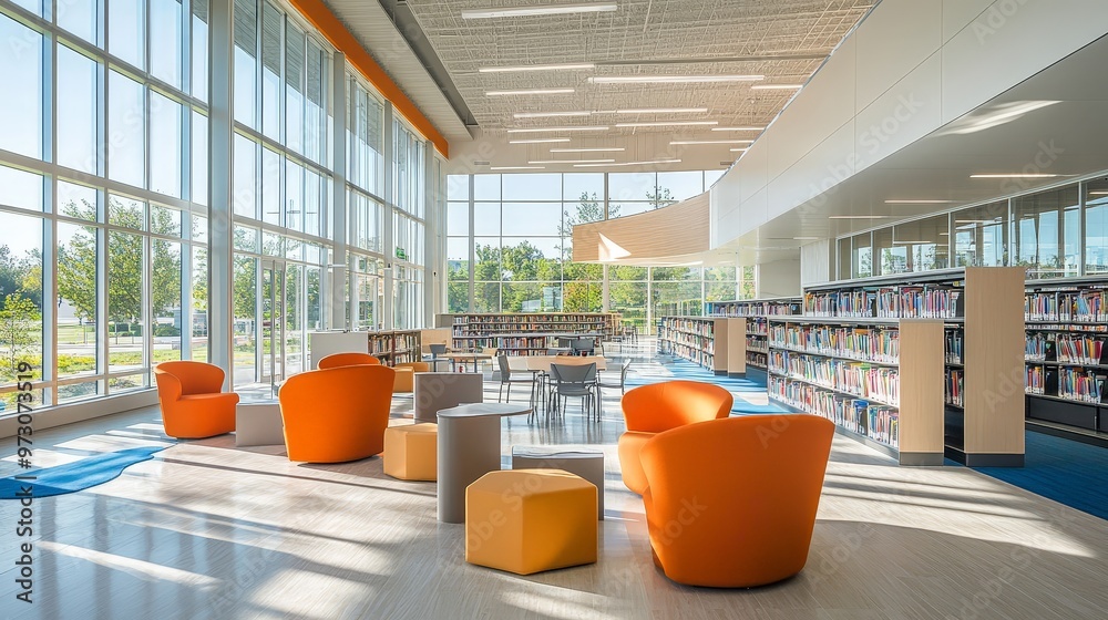 A modern library with an innovative design features open, flexible ...