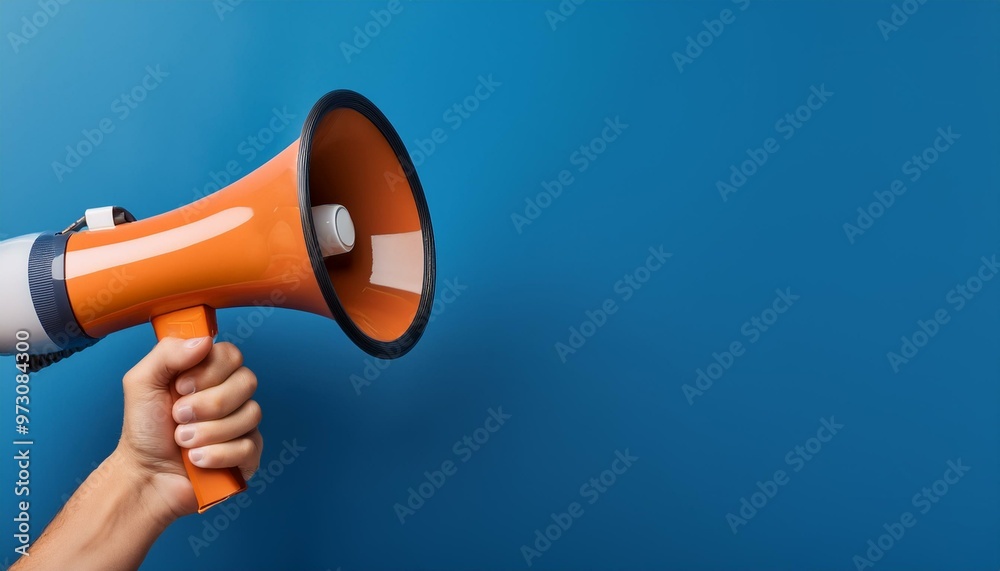 Hand holding a megaphone announces sales and discounts. Marketing and ...