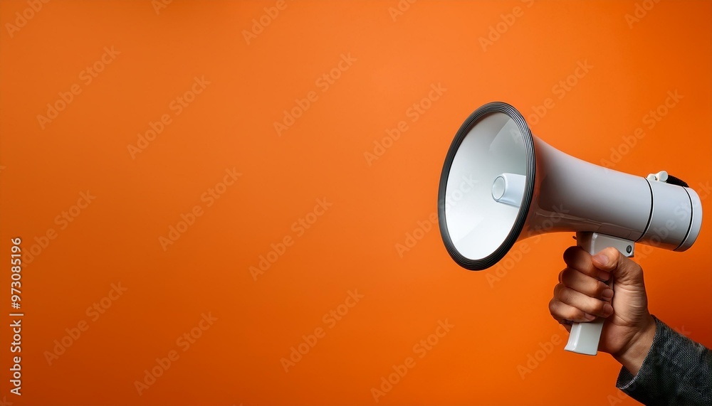 Hand holding a megaphone announces sales and discounts. Marketing and ...