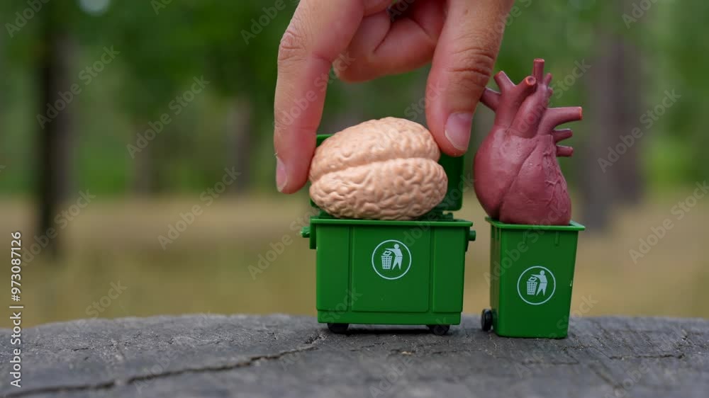 Close-up of a hand retrieving anatomical brain and heart models from ...