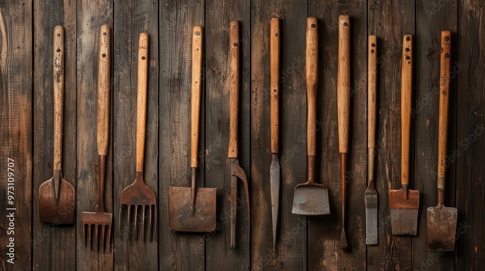 Rusted farm tools hanging on a weathered barn wall, creating a ...