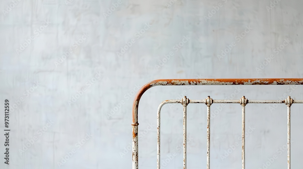 Rusted wrought iron bed frame with peeling paint, set in an abandoned ...