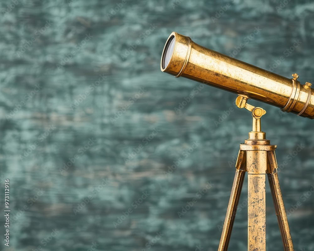 Tarnished brass telescope with a cracked lens, pointing towards a ...