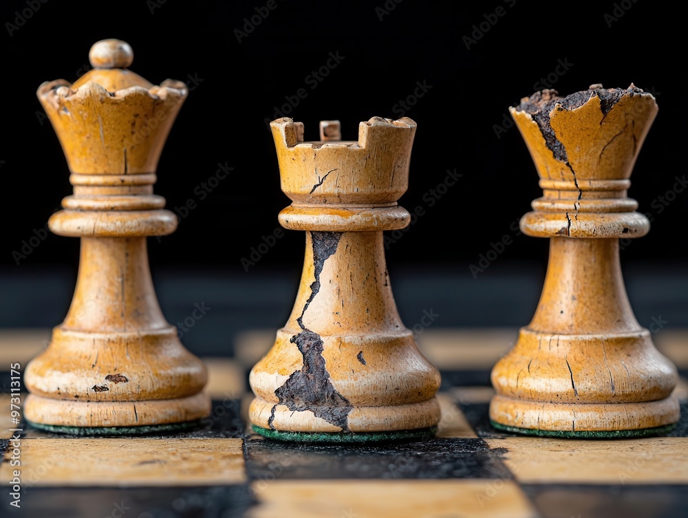 A timeworn chess set, pieces worn and cracked, frozen in the middle of ...