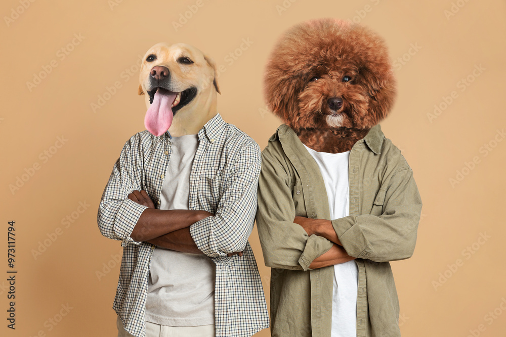 Two dogs with amusingly edited human bodies pose confidently with their arms crossed. The ...