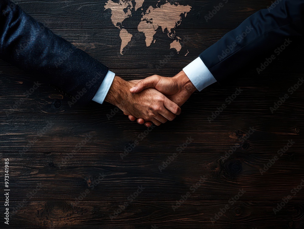 Two businessmen shaking hands signifying a successful partnership, with ...