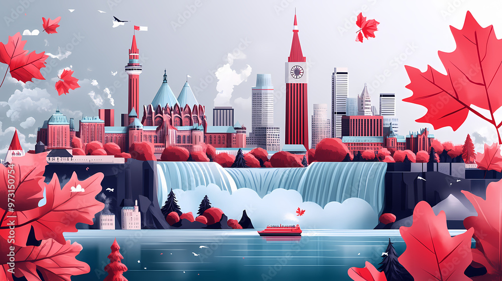 Canada day background with a collage of canadian landmarks such as ...