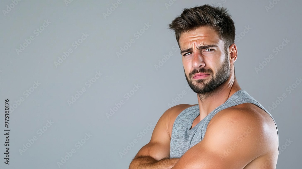 Muscular man with glowing red lines on his arms, standing in a dark ...