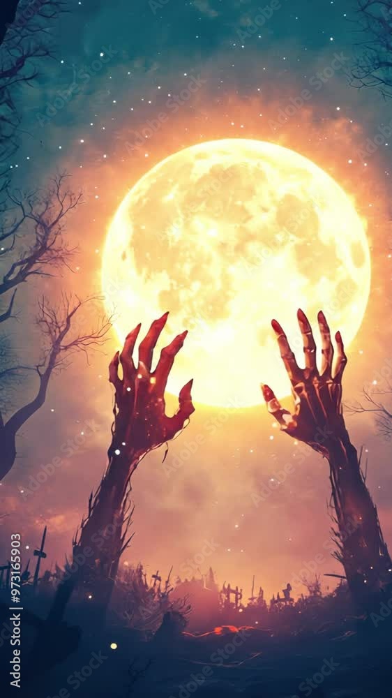 Zombie hands rising from a graveyard under a creepy full moon. Vertical ...
