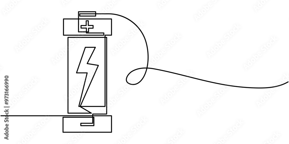 One continuous line drawing of battery charging. Lightning bolt symbol ...
