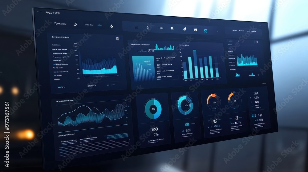 Modern data analytics dashboard displaying visualizations of statistics and metrics in a dark ...