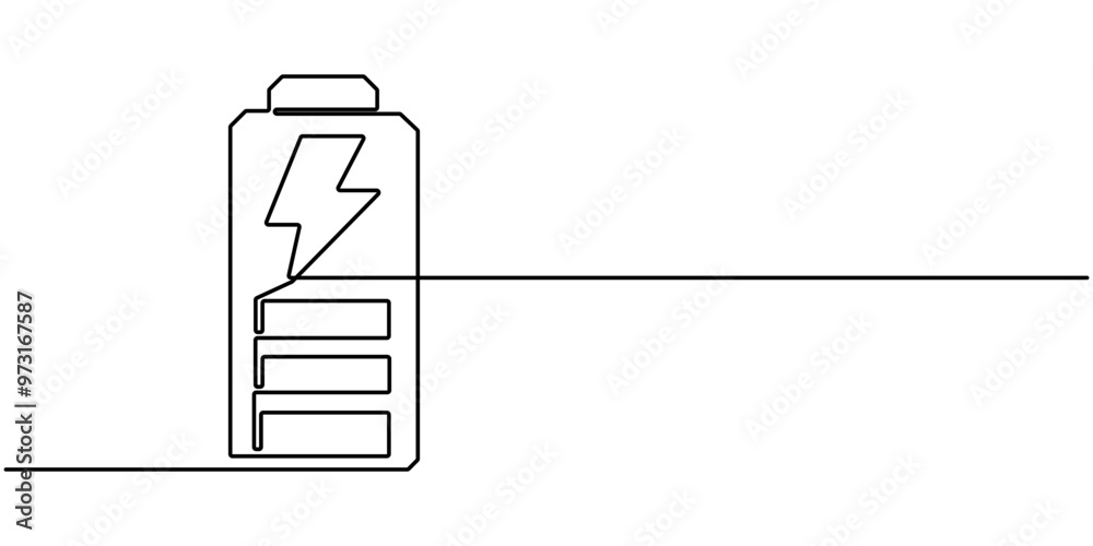 One continuous line drawing of battery charging. Lightning bolt symbol ...