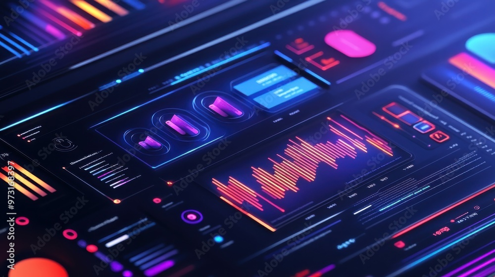 Vibrant digital audio interface displaying sound waves and controls at ...
