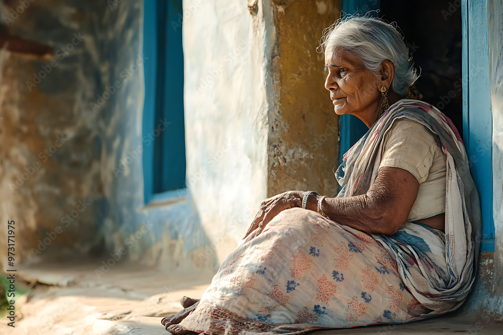 Indian Elderly Woman in a Rural Setting: An older woman in a sari ...