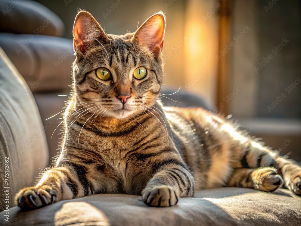 Slim feline with prominent ribs and hip bones lounges in a sunbeam, its ...