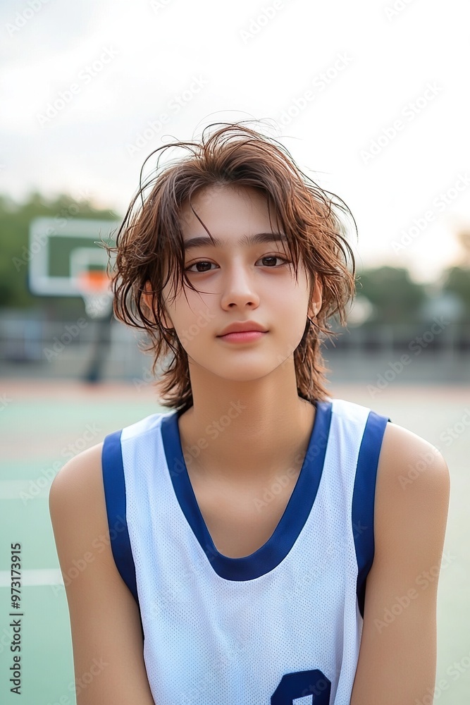 Asian male youth, 18 years old, looks cute, androgynous, looks like a girl, youthful and ...