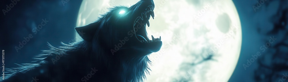 werewolf howling under a full moon, its eyes glowing with an eerie ...