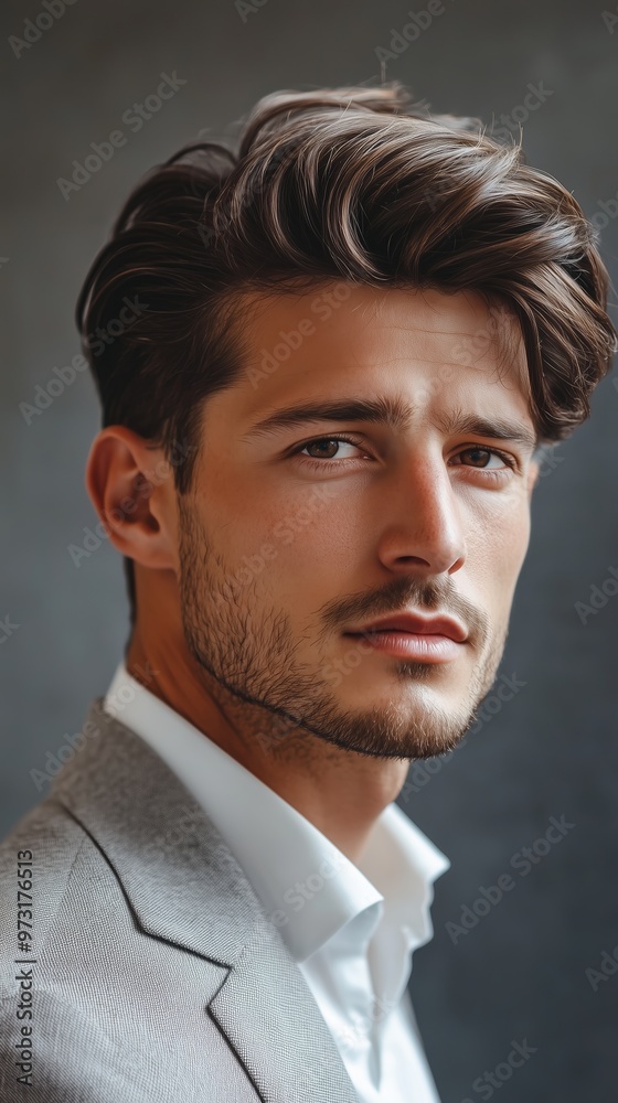 Young man with stylish hairstyle and formal attire posing against a ...