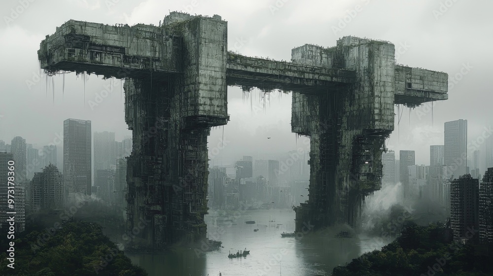 A conceptual artwork of a Neo Brutalist bridge with bold, sharp lines ...