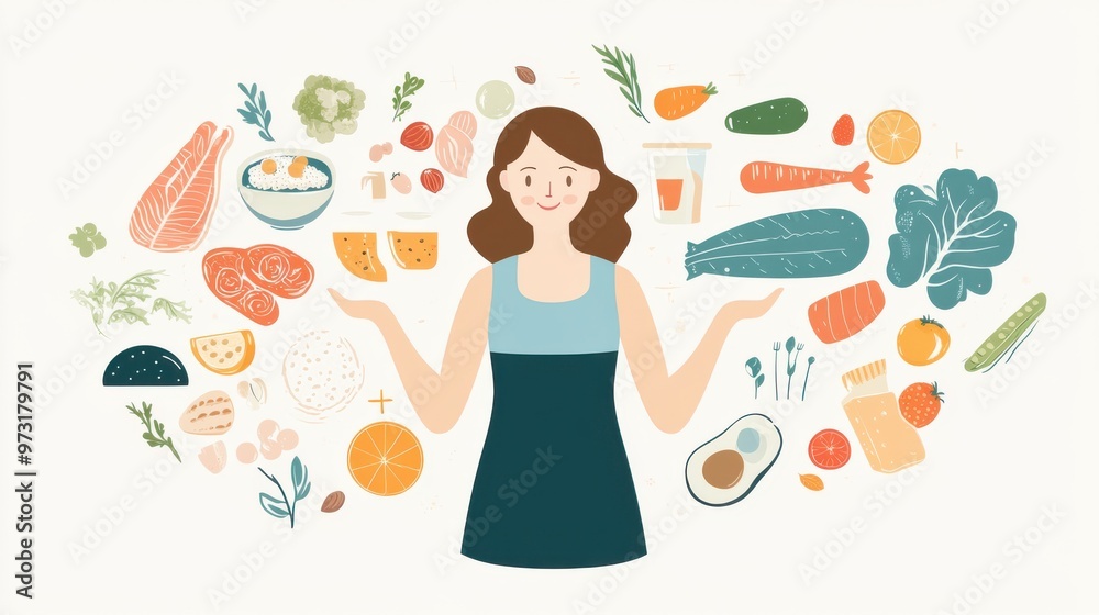 Infographic of a young woman with healthy foods showcasing balanced ...