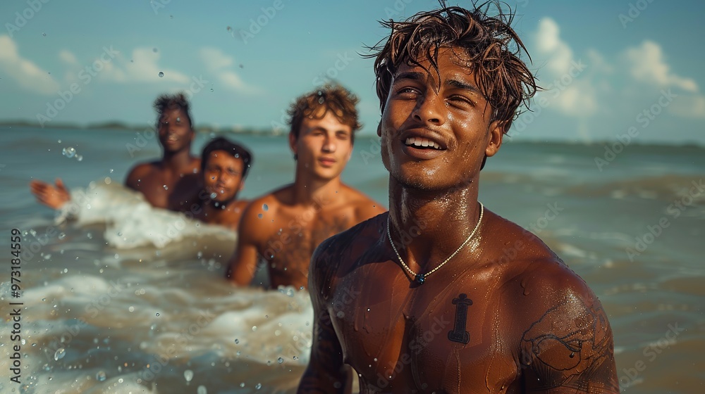 Four handsome Brazilian male models, age 21, with muscular chests ...