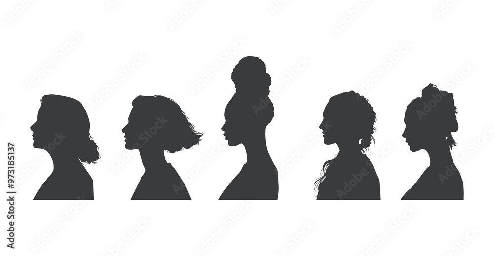 Collection of side view vector silhouettes women's profiles with ...