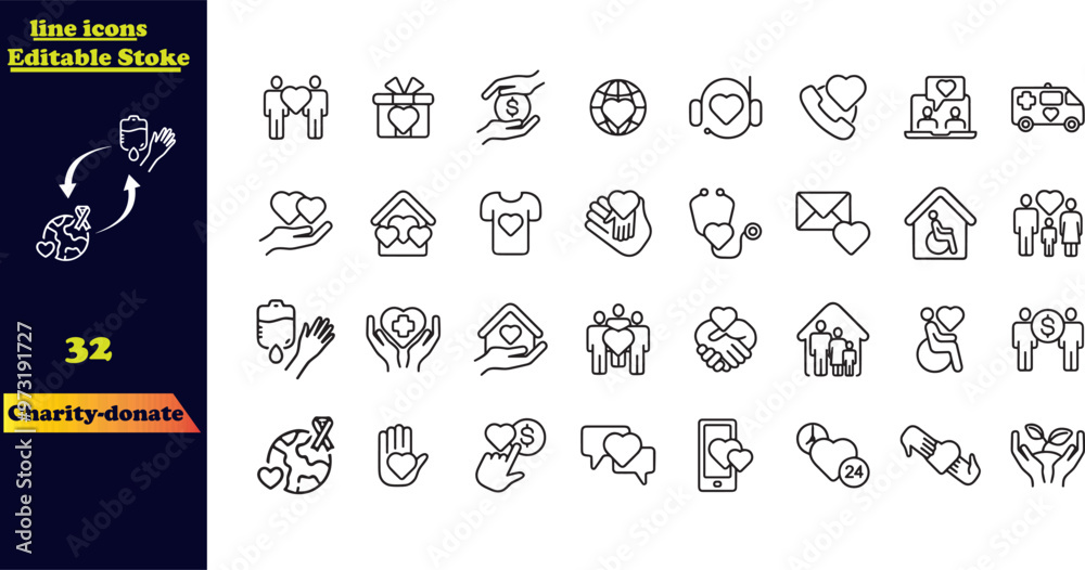 Editable stroke icons for charity and donations, including symbols for ...