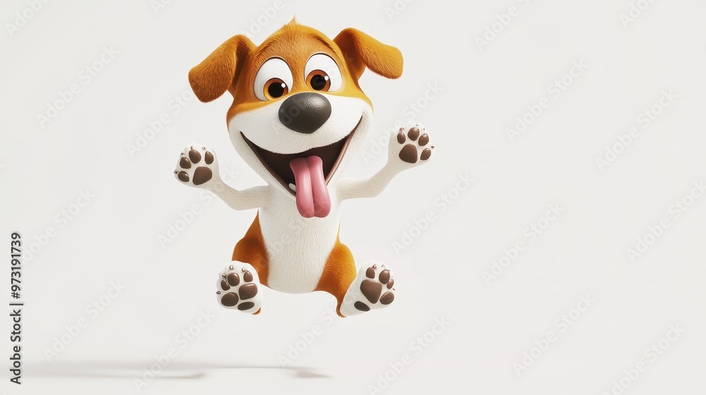 Happy cartoon dog jumping joyfully in a bright, cheerful environment ...