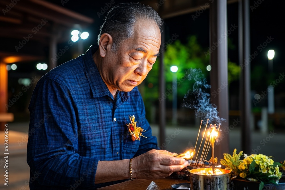 A quiet moment of reflection, as a man lights incense and offers ...