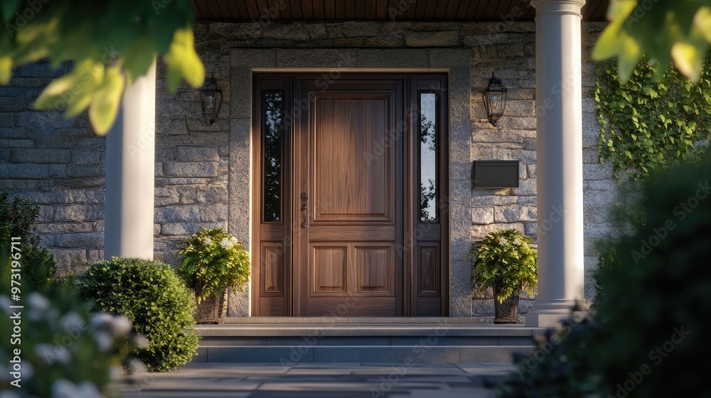 Main entrance door in house Wooden front door with gabled porch and ...