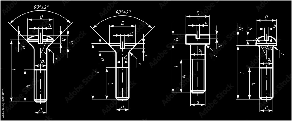Vector engineering cad drawing of a mechanical part (steel bolt) with ...