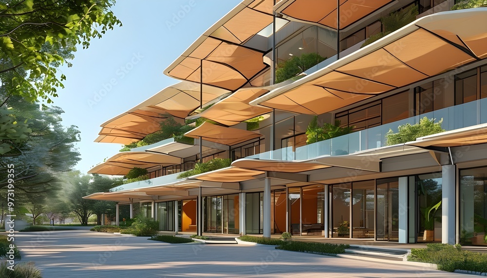 Sustainable Architecture Showcasing Solar Shading Devices in Flat ...