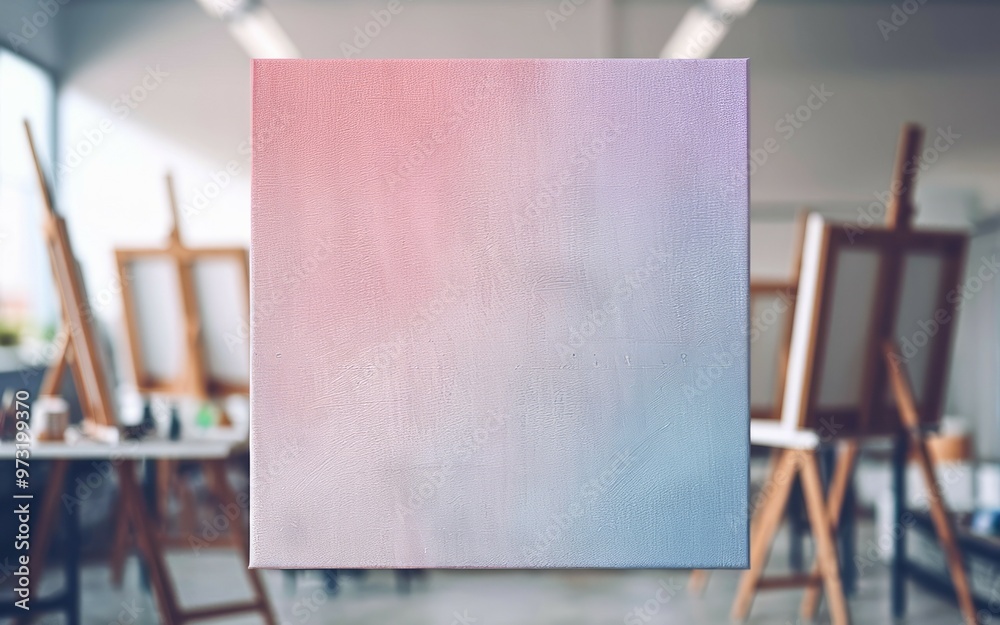 Blank canvas art studio. Pink and blue gradient canvas on an easel in ...