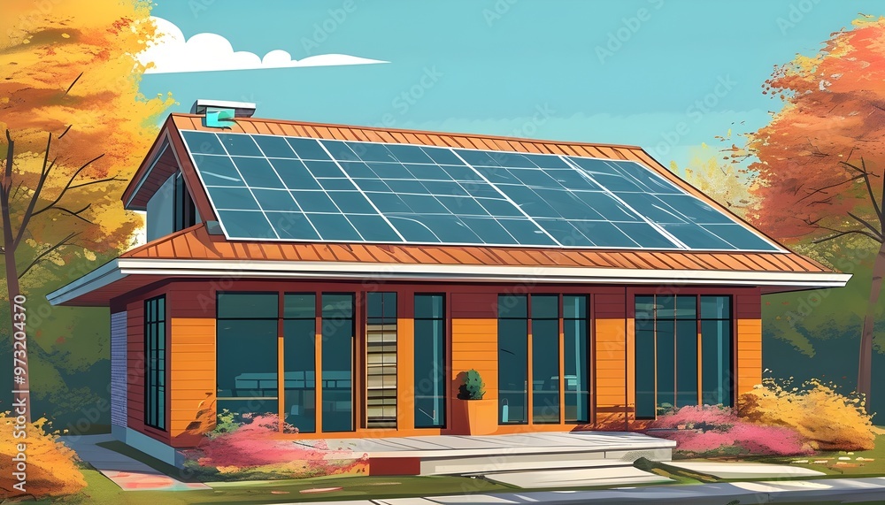 Colorful cartoon illustration of passive solar design featuring large ...