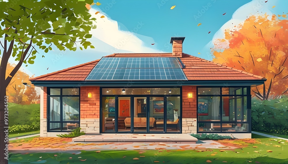 Colorful cartoon illustration of passive solar design featuring large ...